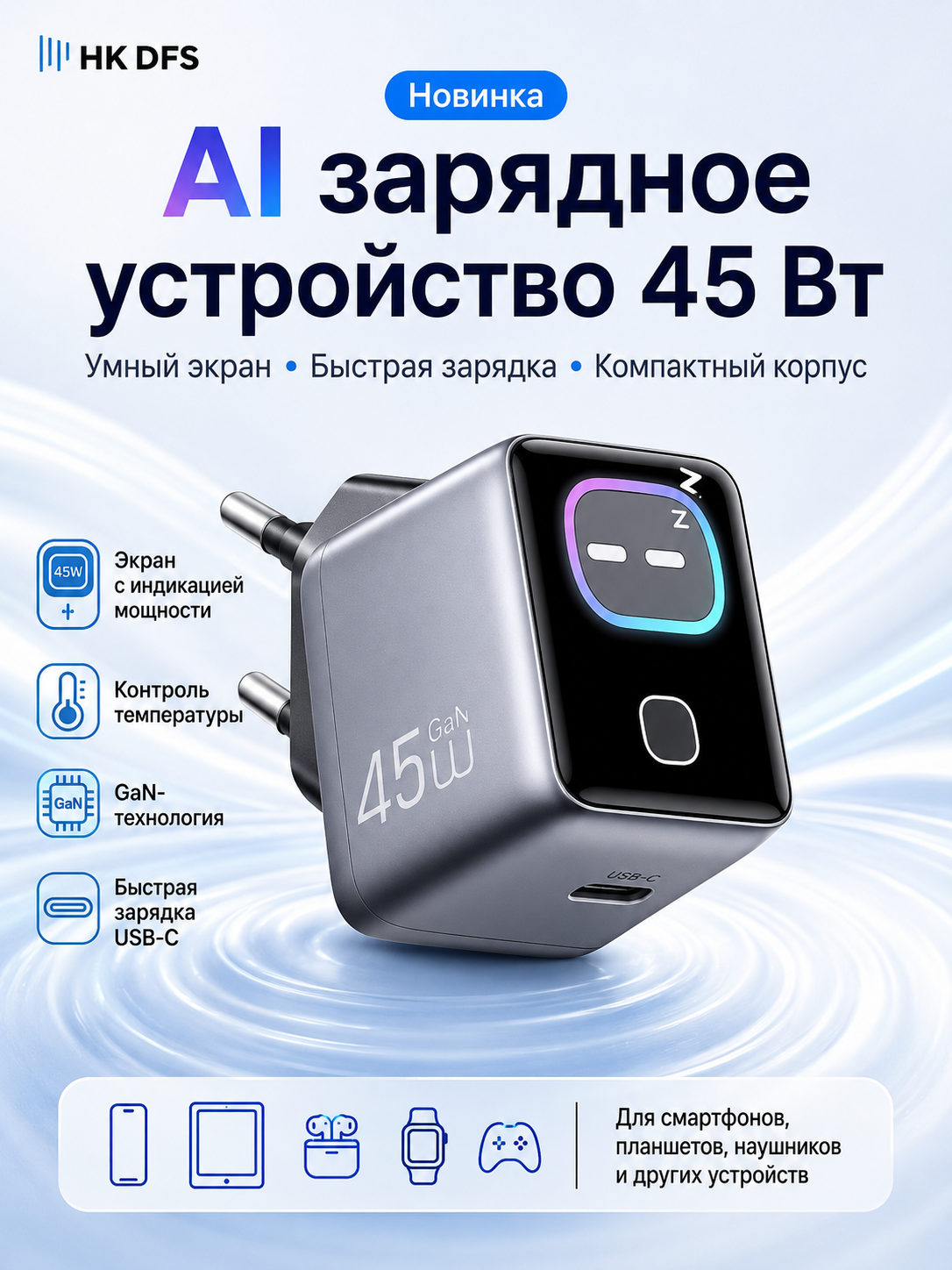 45Вт GaN-зарядка с дисплеем AI для iPhone и Android, быстрая зарядка, евровилка