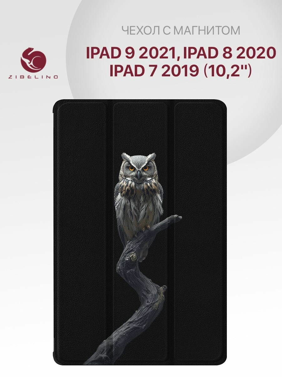 Чехол на iPad 9 2021, iPad 8 2020, 7 2019 (10.2") с рисунком, с магнитом, черный с принтом филин на ветке