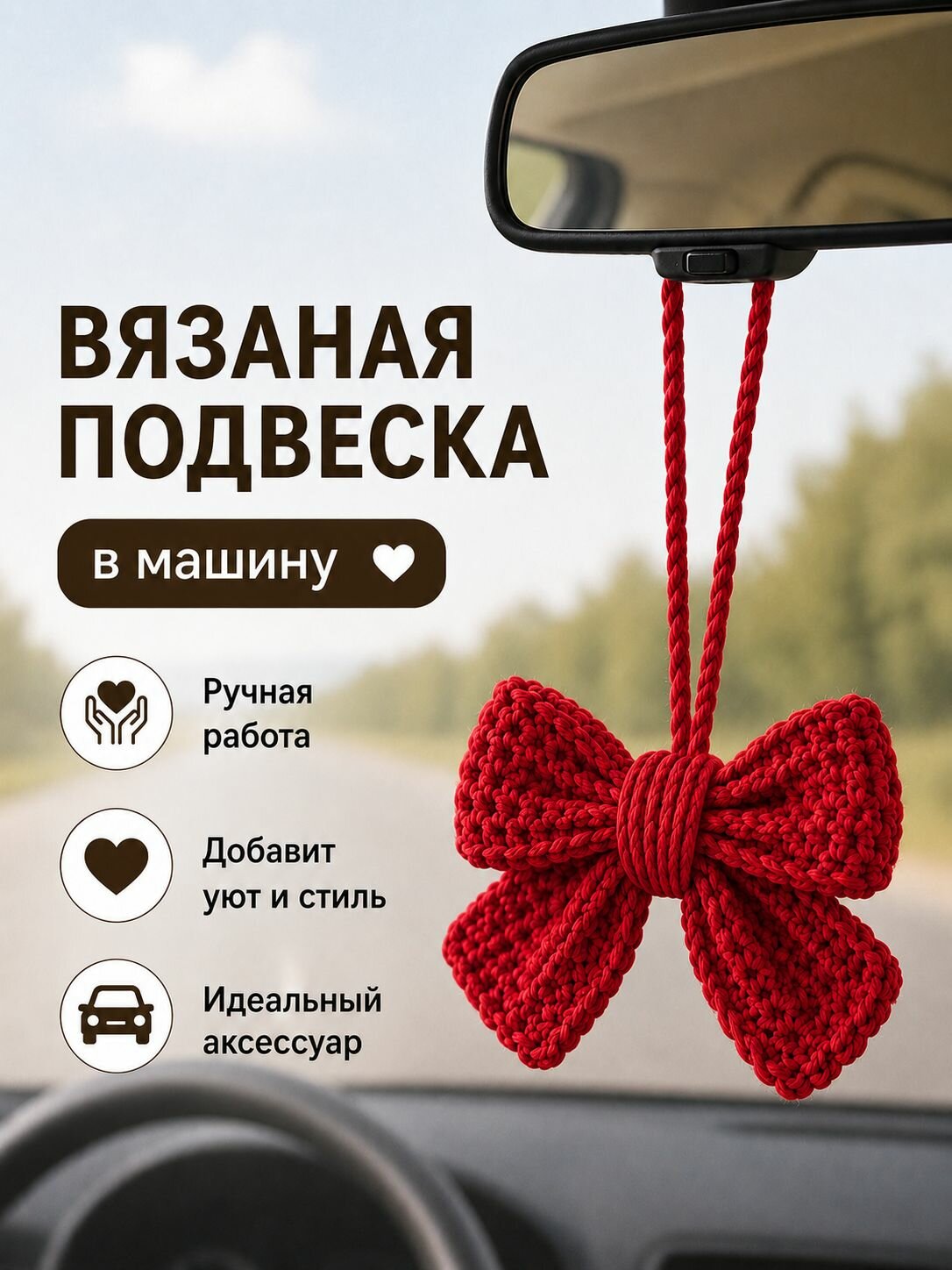 Подвеска в машину на зеркало красный бант, ручной работы