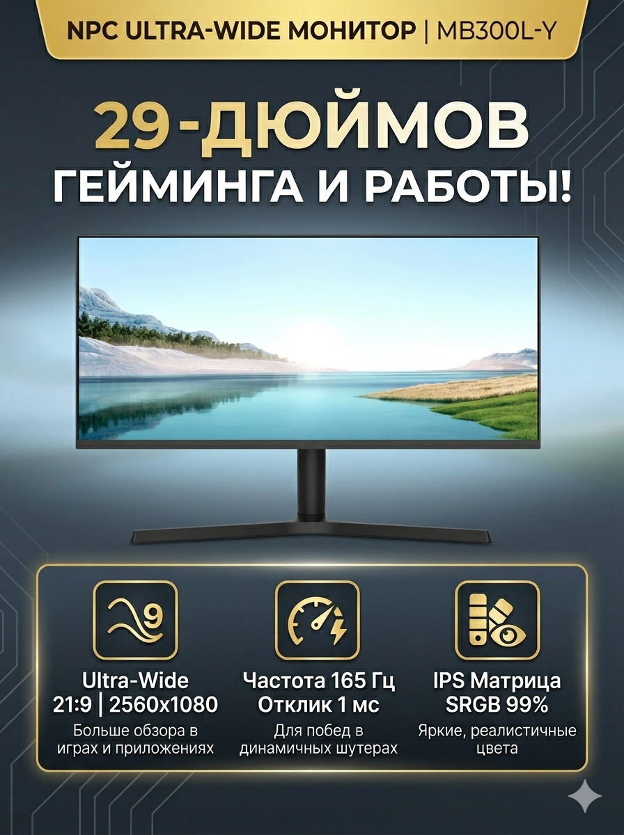 29" Монитор NPC MB300L-Y, 2560x1080, IPS, 165Гц, 1хHDMI, 1хDP, черный