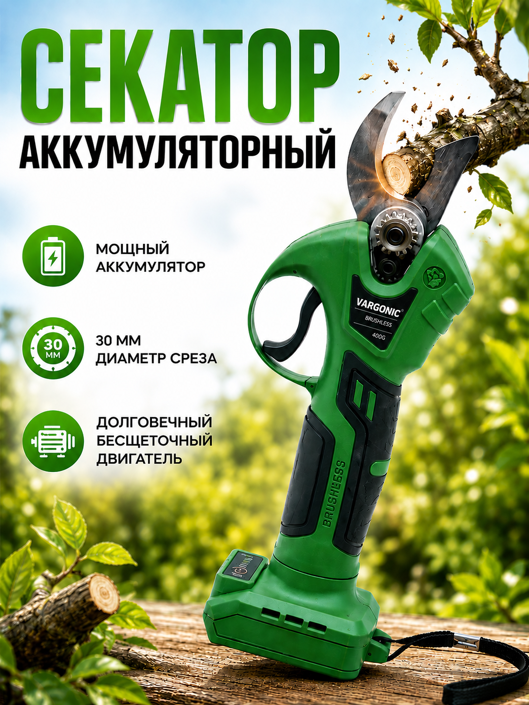Секатор аккумуляторный Vargonic BS-30, сталь/пластик, блокировка лезвий, рез - 30мм, бесщеточный двигатель