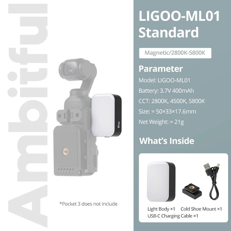 Ambitful ML01 Мини-магнитный заполняющий светильник для карманной экшн-камеры 4/3, 2800K-5800K
