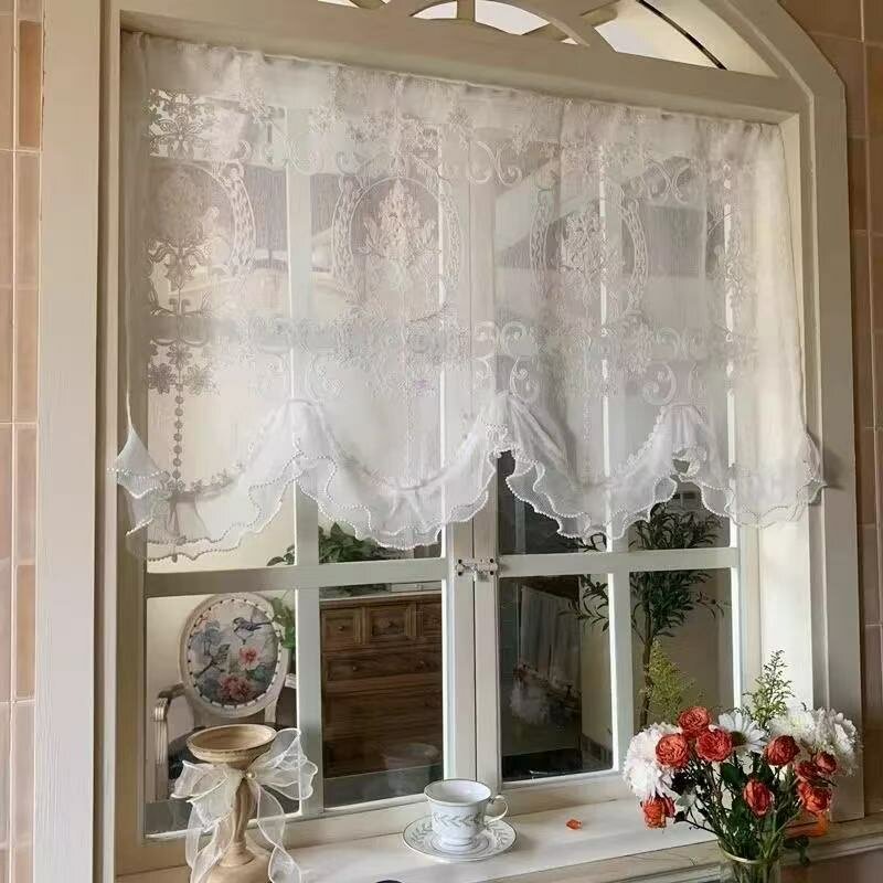 Прозрачные шторы из полиэстера с рюшами и вышивкой, Белый, 1pc W170xH65cm, Rod Pocket