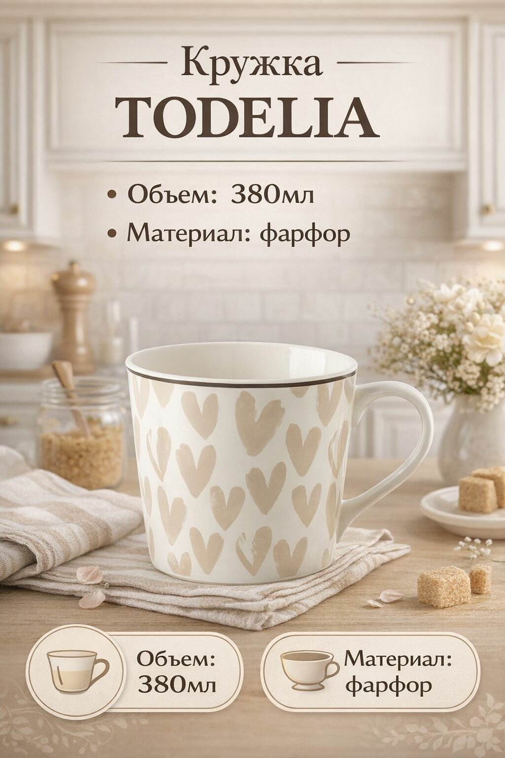 Кружка TODELIA "Большие сердца", 380 мл, фарфор