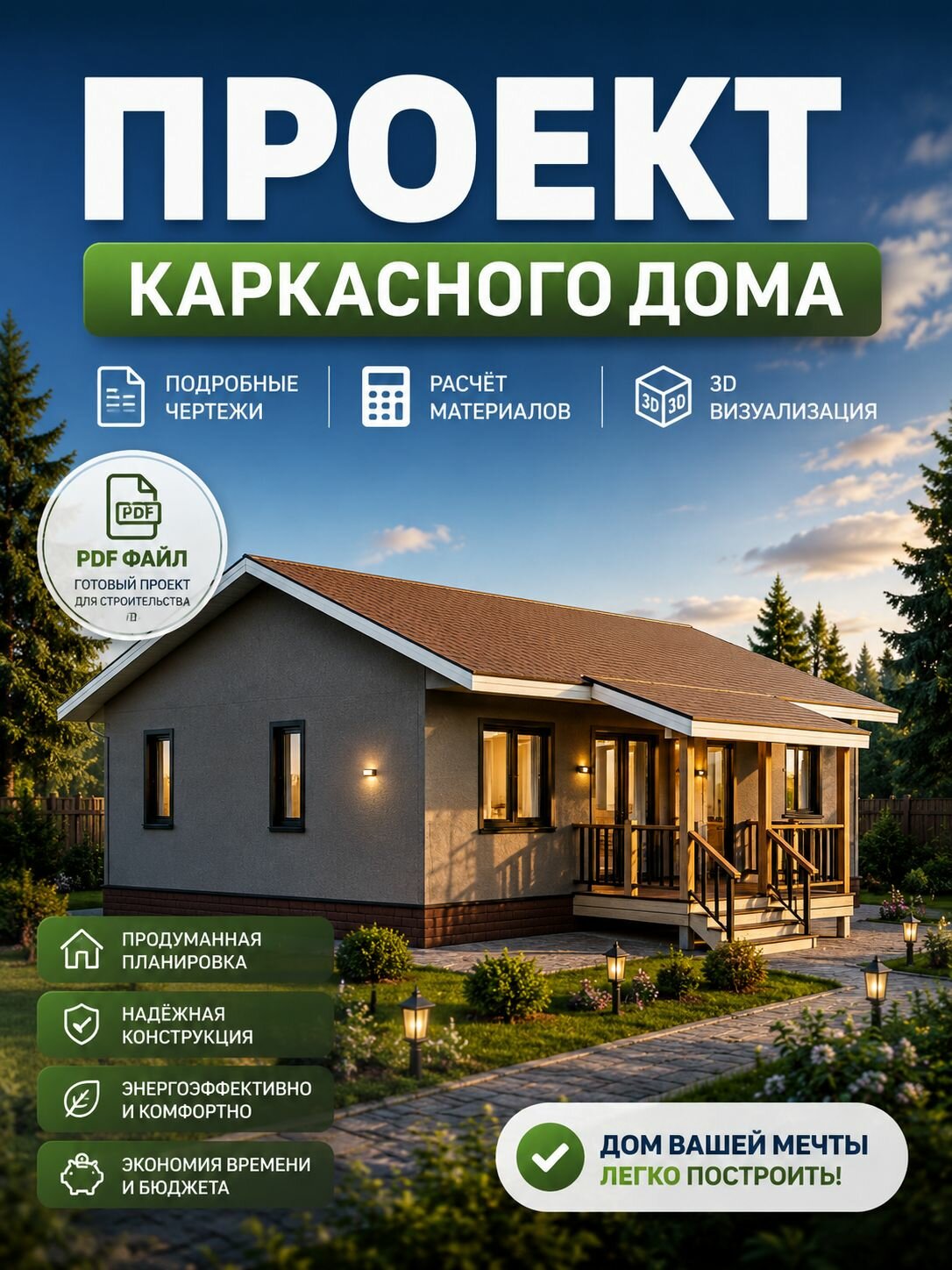 Проект одноэтажного каркасного дома, площадь 100 м. кв, П-44
