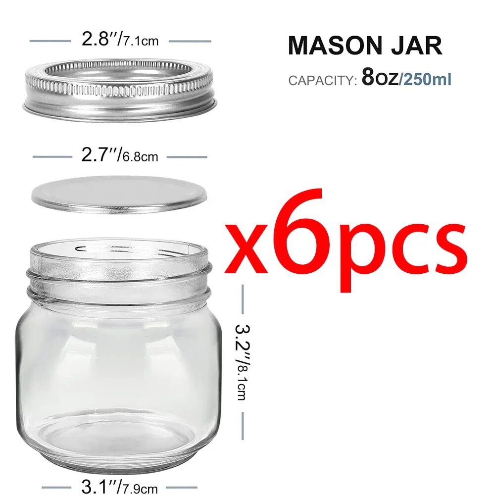 Банки Мейсона 8 унций с серебряными крышками 6Pcs