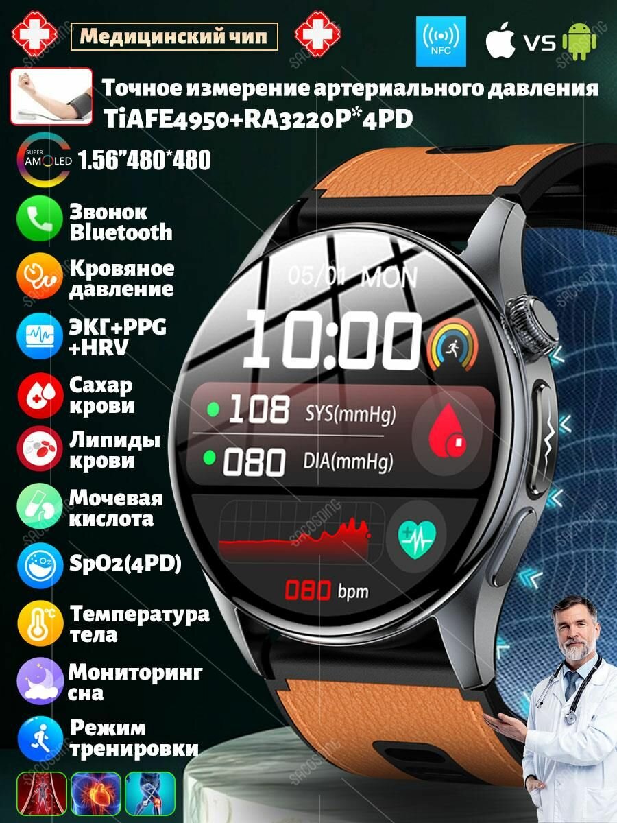Cмарт часы с измерением давления и с экг, HRV,1.56'AMOLED, NFC, Температура тела, с измерением сахара в крови, Bluetooth-звонки