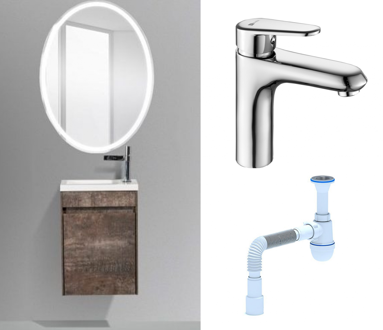 Комплект: Мебель для ванной BelBagno Pietra Mini 46 L stone + Смеситель Lemark Point LM0306C хром + Сифон АниПласт 138917+LM0306C+C2015xrv