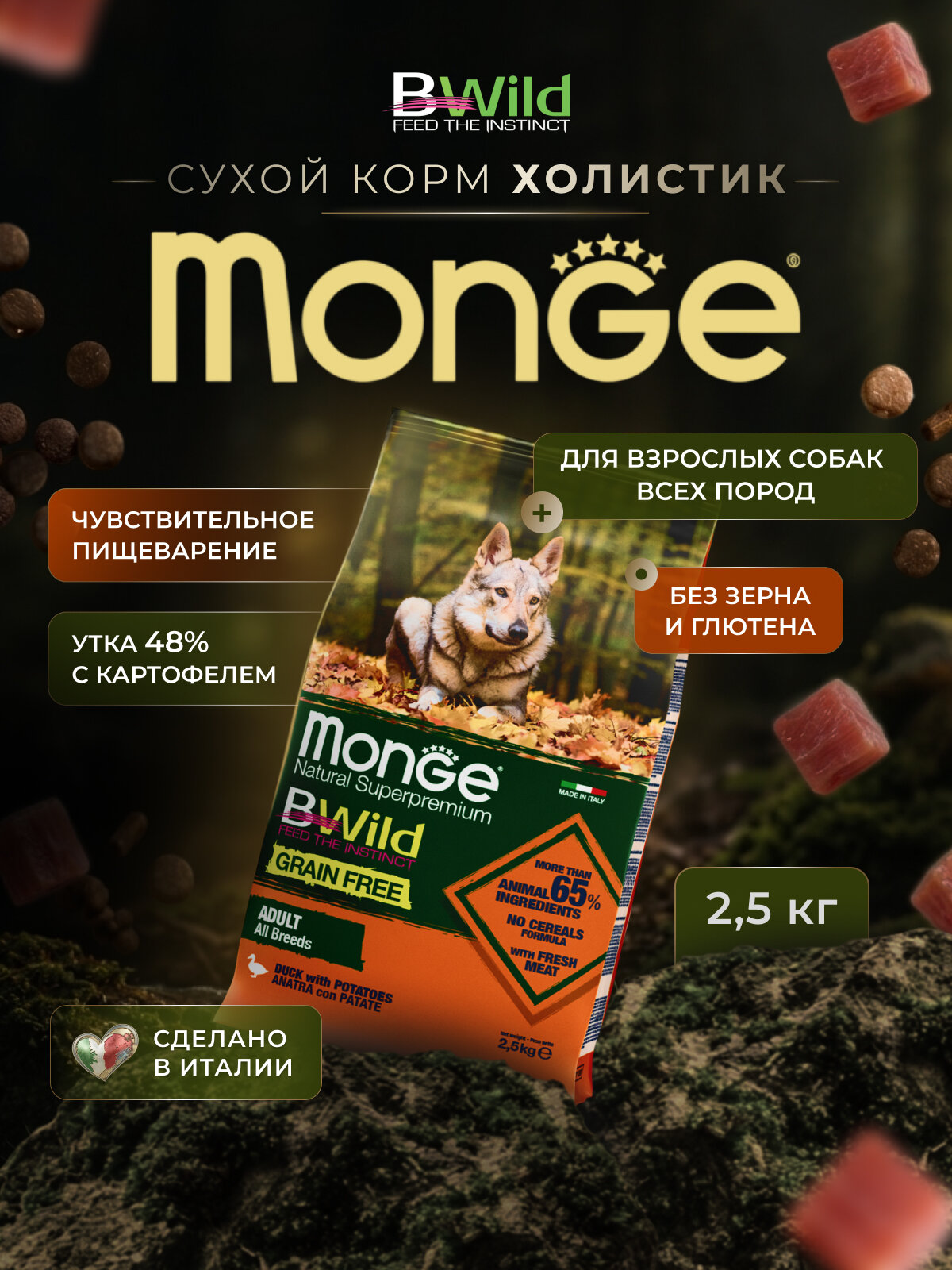 Сухой корм Monge Dog BWild GRAIN FREE для взрослых собак, беззерновой, утка с картофелем 2,5 кг
