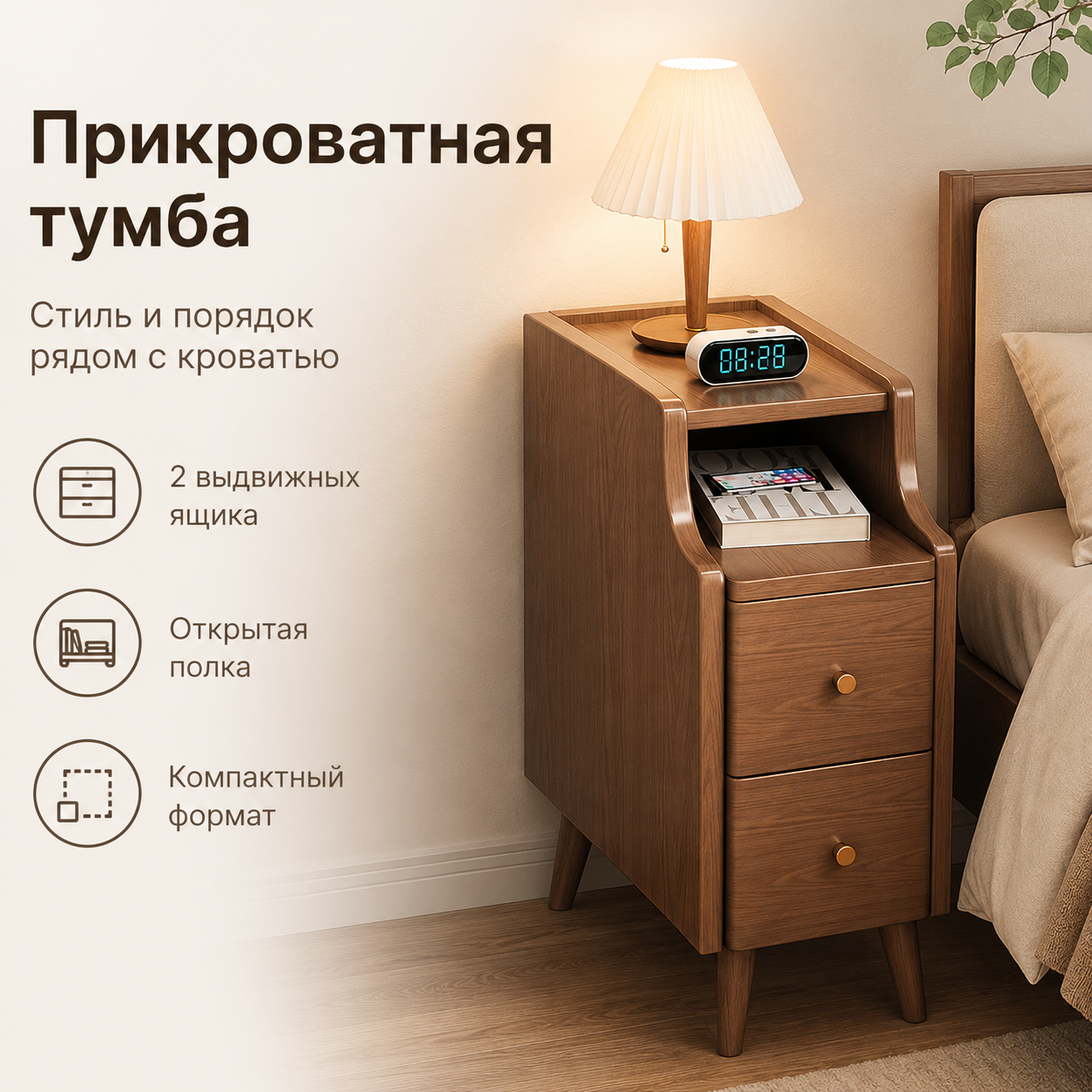 Тумба прикроватная, влагостойкая, массив сосны, лак, с ящиками, полками, 2 ящика орех20*40*50