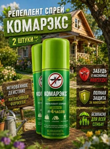 Комарэкс Интенсив. Репеллент спрей от комаров, клещей, мошки, слепней и блох, на одежду и кожу 125 мл x 2 шт