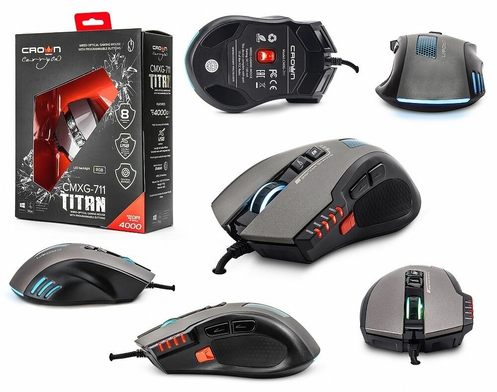 Мышь проводная Crown Gaming CMXG-711 черный, 4000 dpi, USB, кнопки - 8