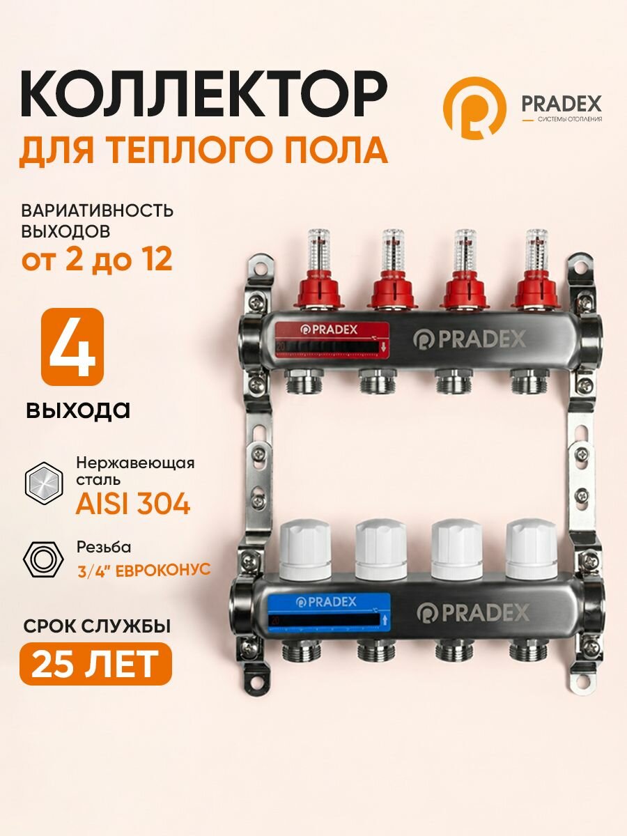 Коллекторный блок PRADEX (коллектор) из нержавеющей стали для теплого пола 1" х 4 выхода 3/4" с регулирующими клапанами и расходомерами.