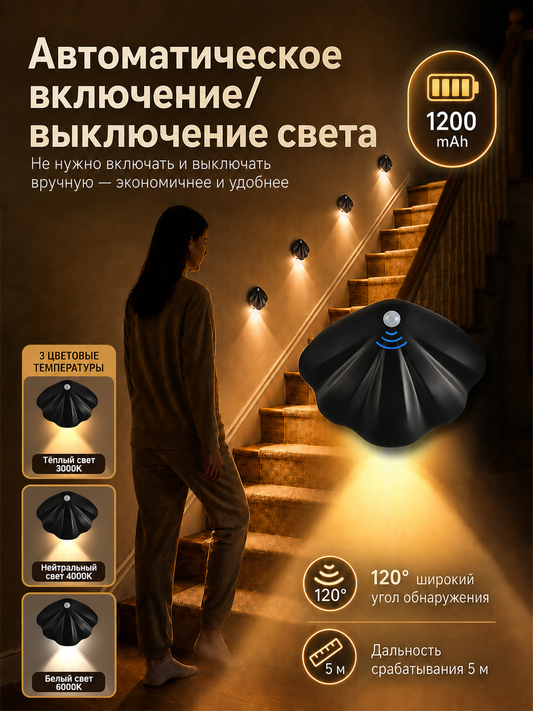 Ночник светодиодный, с датчиками движения и освещенности, настенный, ABS-пластик, чёрный,1 шт