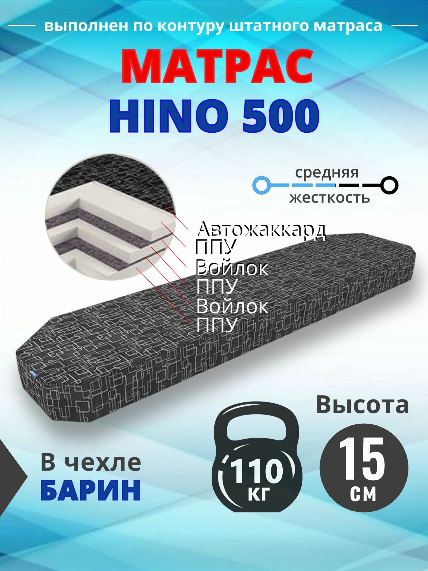 Матрас HINO 500 - 15 см, беспружинный, аналог штатного, матрас в спальник грузовика хино 500, 207x51 см
