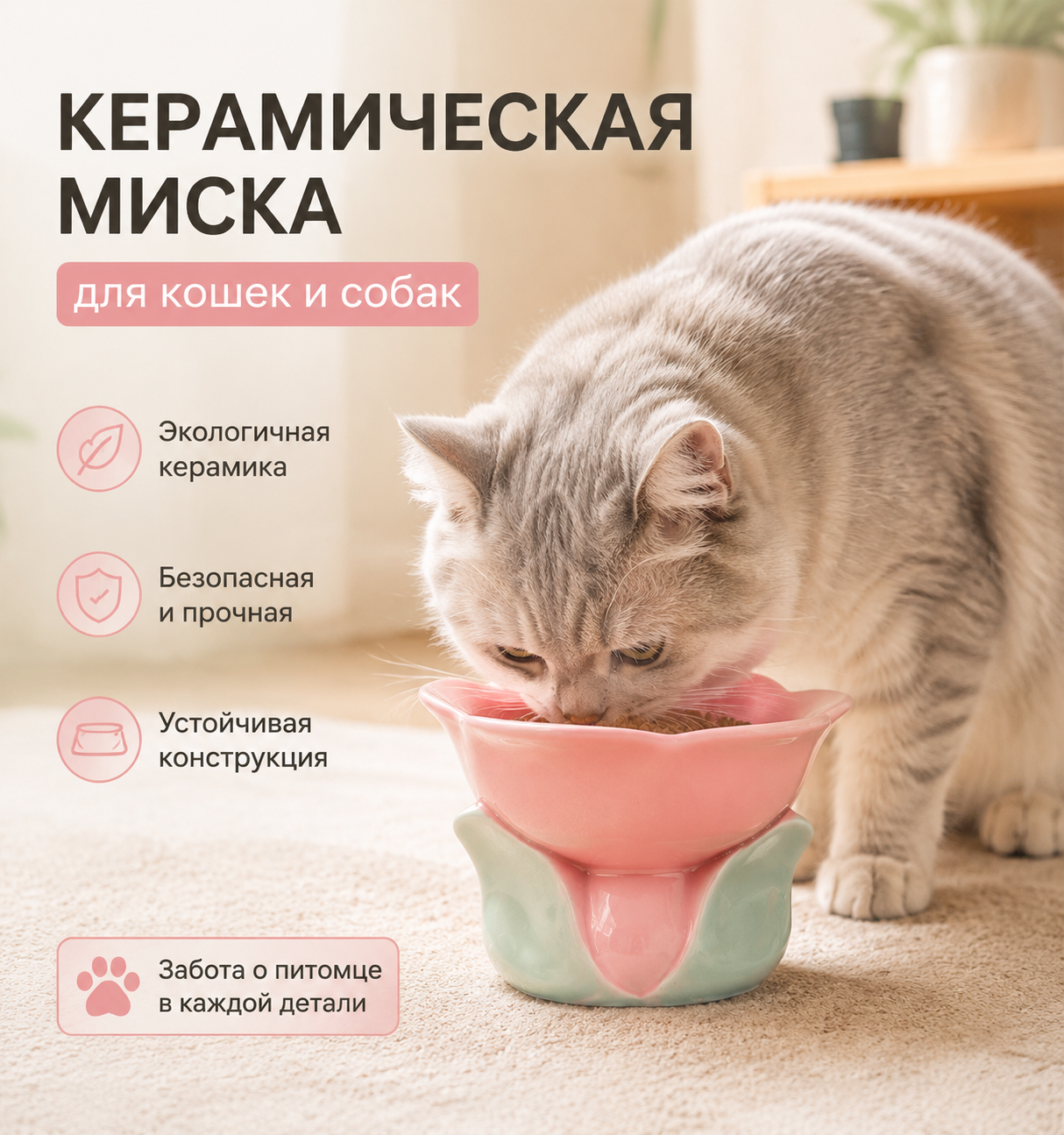 Керамическая миска для кошек и собак в форме цветка, высокая нескользящая миска для корма и воды, стильный дизайн