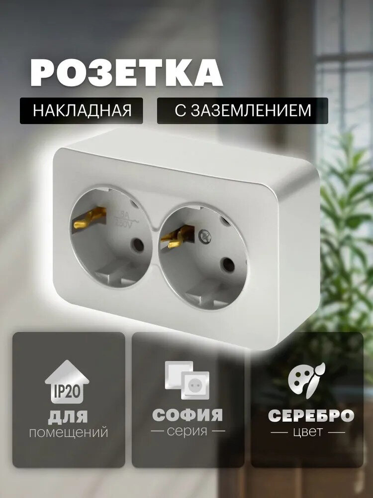 Розетка накладная двойная с заземлением, серебро, 16А 250В