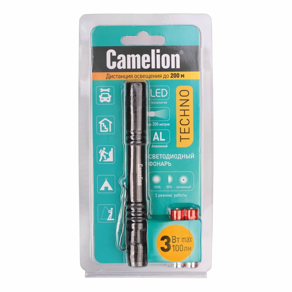 Фонарь Camelion LED51517 черный, LED XPE, 3 режима, 2XLR03 в комплекте, алюминий, блистер 12917 — фото 1