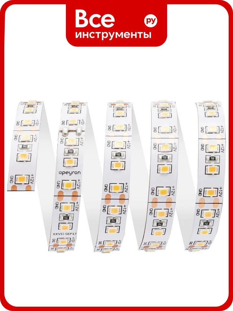 Светодиодная лента Apeyron 12В, СТ, 12Вт/м, smd2835, 120д/м, IP20, 1300Лм/м, подложка 10мм, 5м, 3000К 00-118