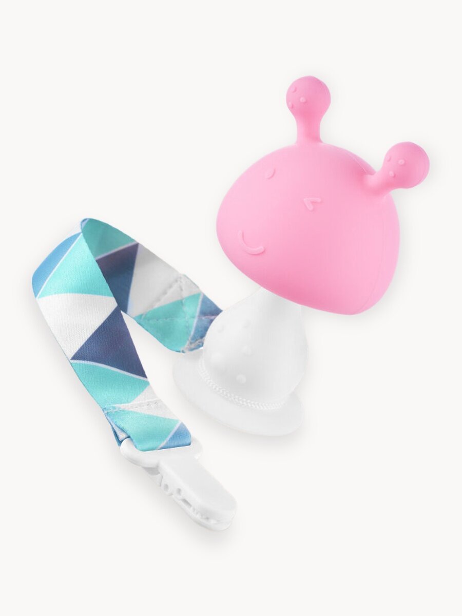 Силиконовый прорезыватель "Грибочек" с держателем, в футляре, цвет розовый