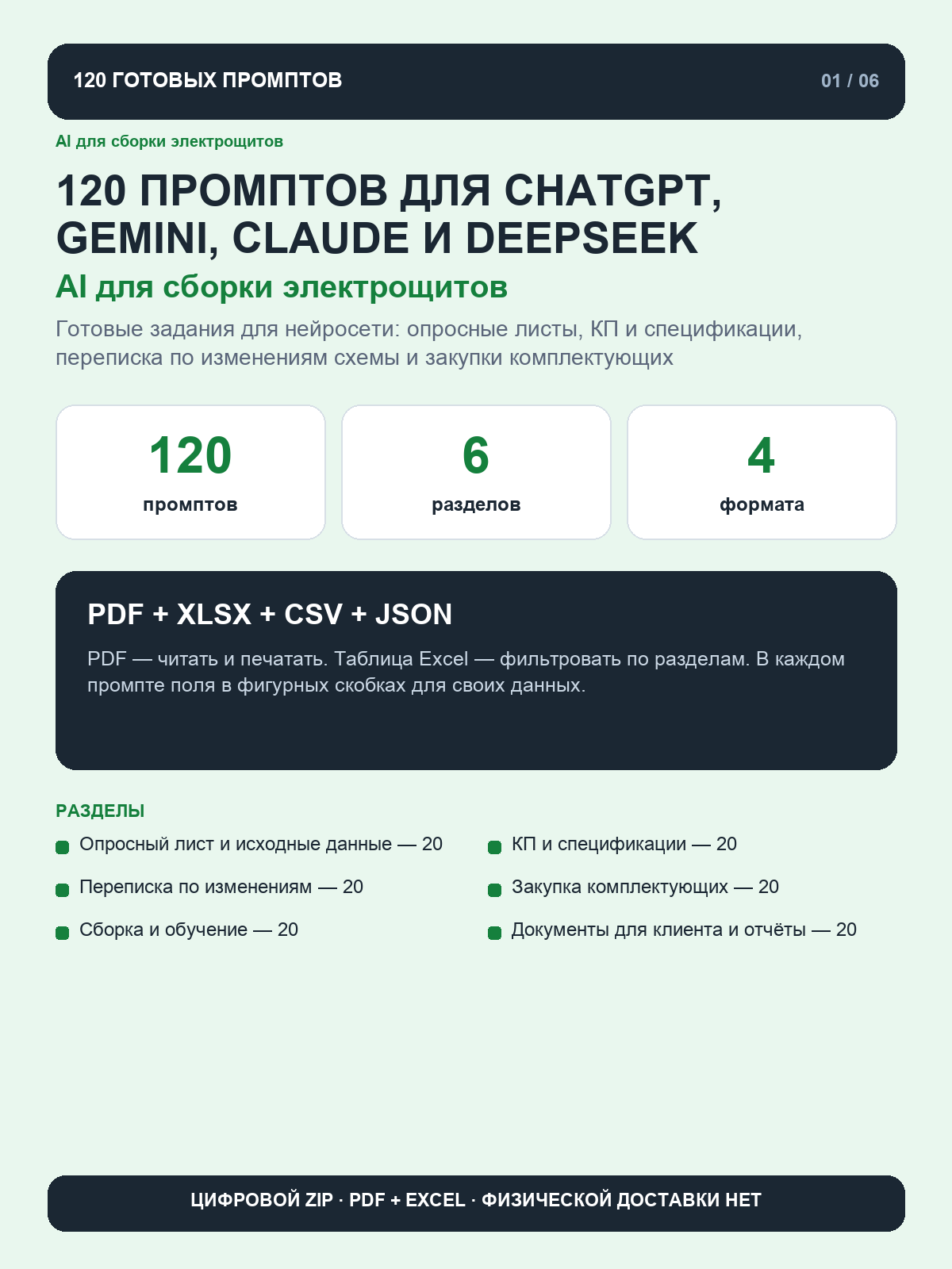 AI для сборки электрощитов: 120 промптов для ChatGPT, Gemini, Claude и DeepSeek, цифровая книга PDF A4