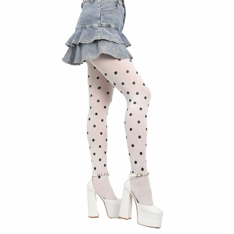 Чулки с принтом в горошек-белый