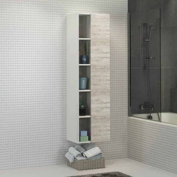 Шкаф-пенал для ванной Comforty Прага 45 подвесной, 45 см, белый, светлое дерево, матовый, шкаф пенал с полками, с дверками