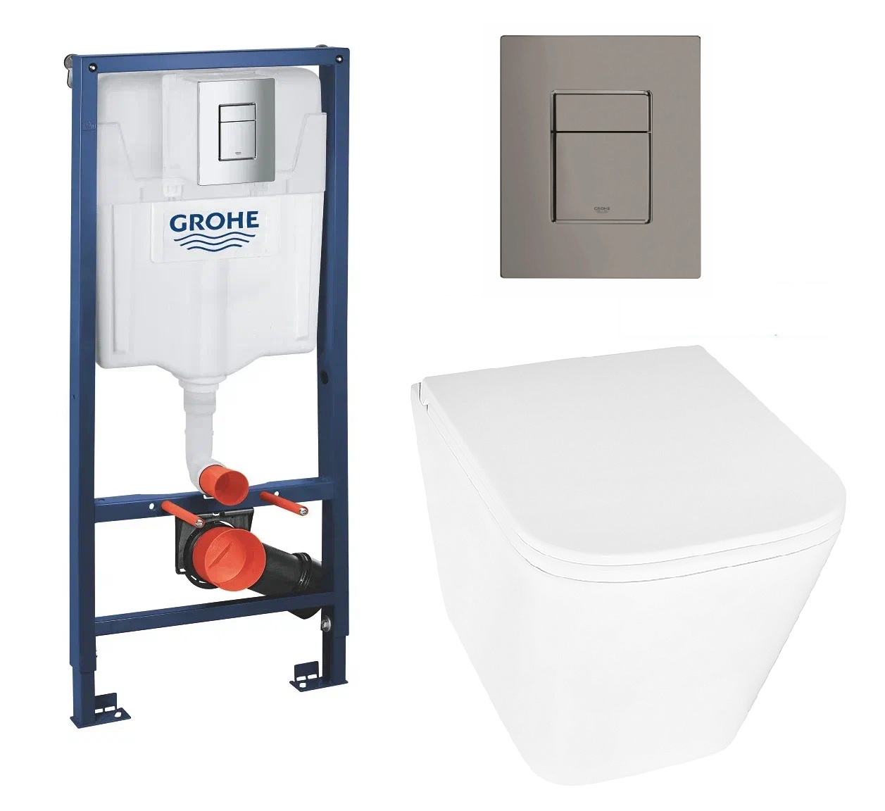 Комплект ПЭК подвесной унитаз с быстросъемным сиденьем микролифт и инсталляцией GROHE Rapid SL 38772001 с квадратной кнопкой оружейная сталь (графит) 38732A00