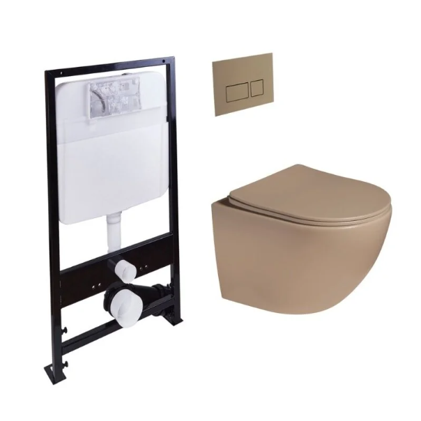 Унитаз подвесной с инсталляцией SantiLine SL-5005T-KH+SL-01/KH светло-коричневый матовый/кнопка светло-коричневая матовая, безободковый, с крышкой микролифт, слив торнадо