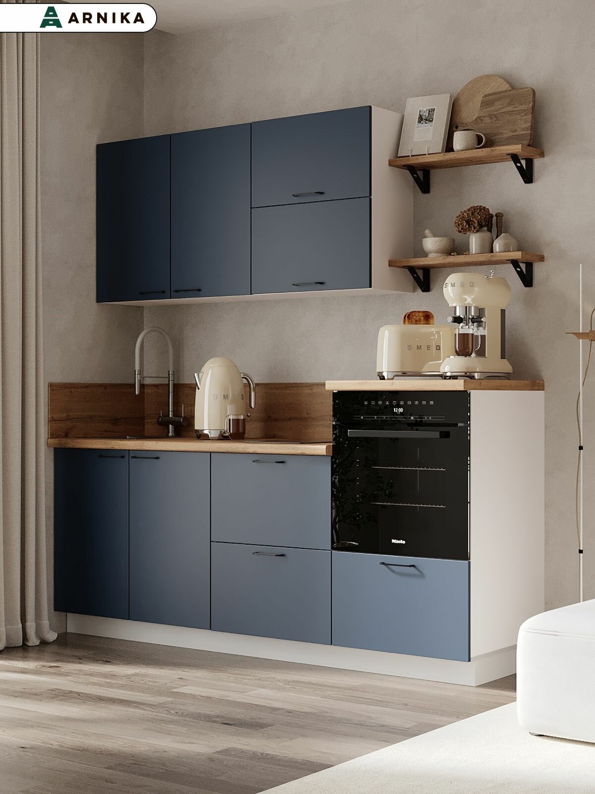 ARNIKA Кухонный гарнитур со столешницей "Дакия" 2,1м х 2,4м, цвет ежевика (синий), фасад пленка ПВХ