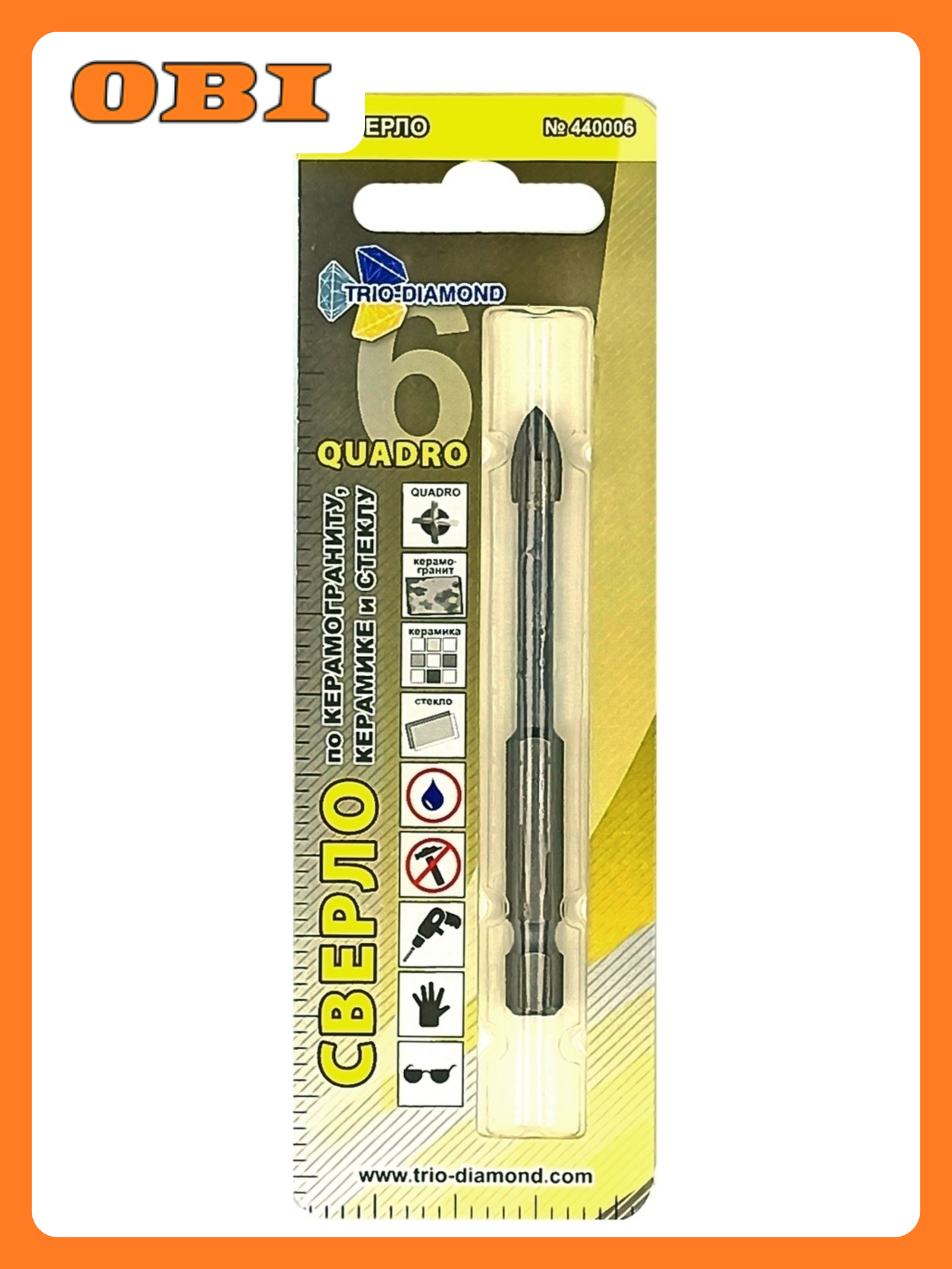 Сверло Trio Diamond 440006, по керамике, стеклу, керамограниту, 6мм