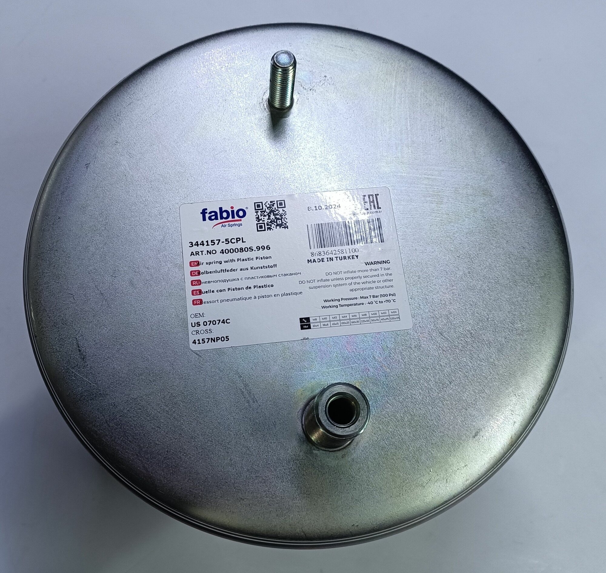 4157NP05 пневмоподушка со стаканом 1шп. М12. 1шп-штуц. M22/М12. поршень пластик 2отв. М12 WEWELER , арт. 3441575CPL Fabio