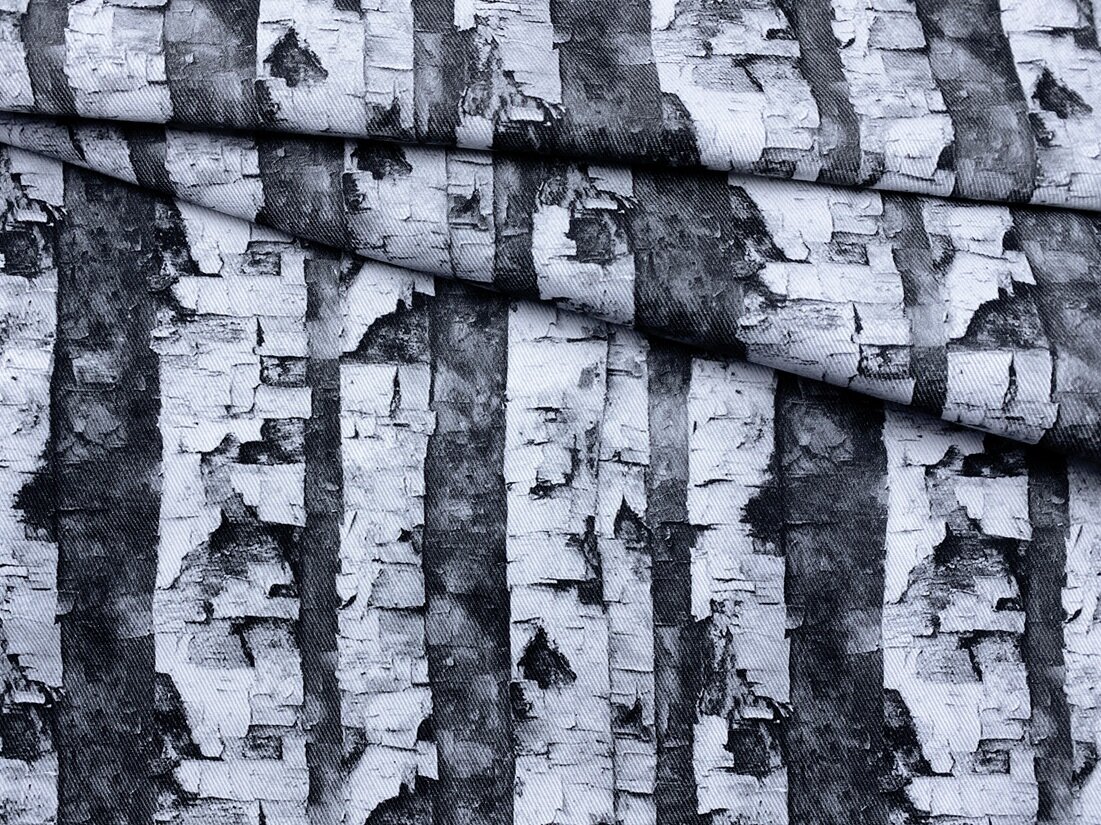 Ткань Джинса серого цвета с принтом стволы берёзы 12705