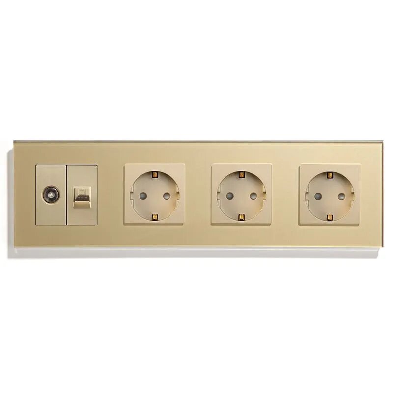Розетка электрическая 4 поста 220В 16А+RJ45 ТВ-Компьютер Стекло Рамка золото