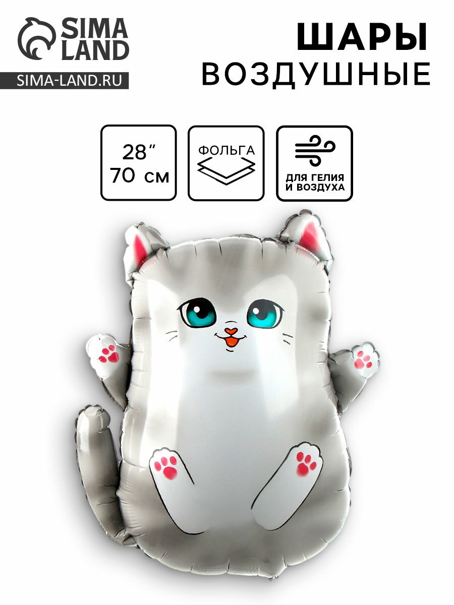 Воздушные шары фольгированные 28"Серый котик", фигура, надувка шара: воздухом, 3 шт.