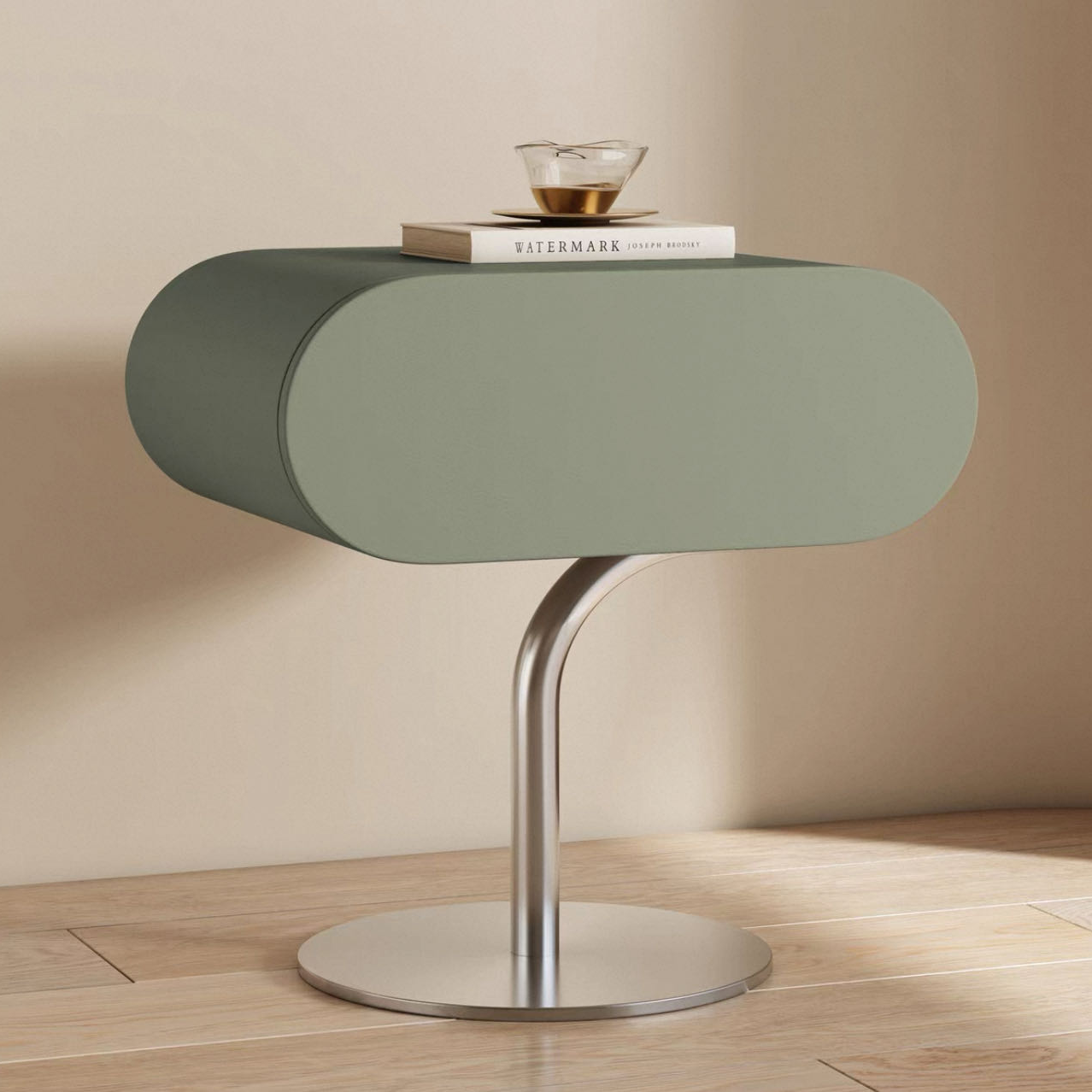 Интерьерная прикроватная тумбочка обитая искусственной кожей на металлической ножке Morellana (оливковый)