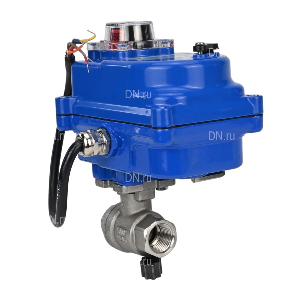 Кран шаровой DN.ru кшмп.316.230-ISO Ду15 Ру63 полнопроходной двухходовой, нержавеющая сталь SS316, внутренняя резьба, уплотнение - PTFE, с электроприводом четвертьоборотным DN. ru 003 blue 24В
