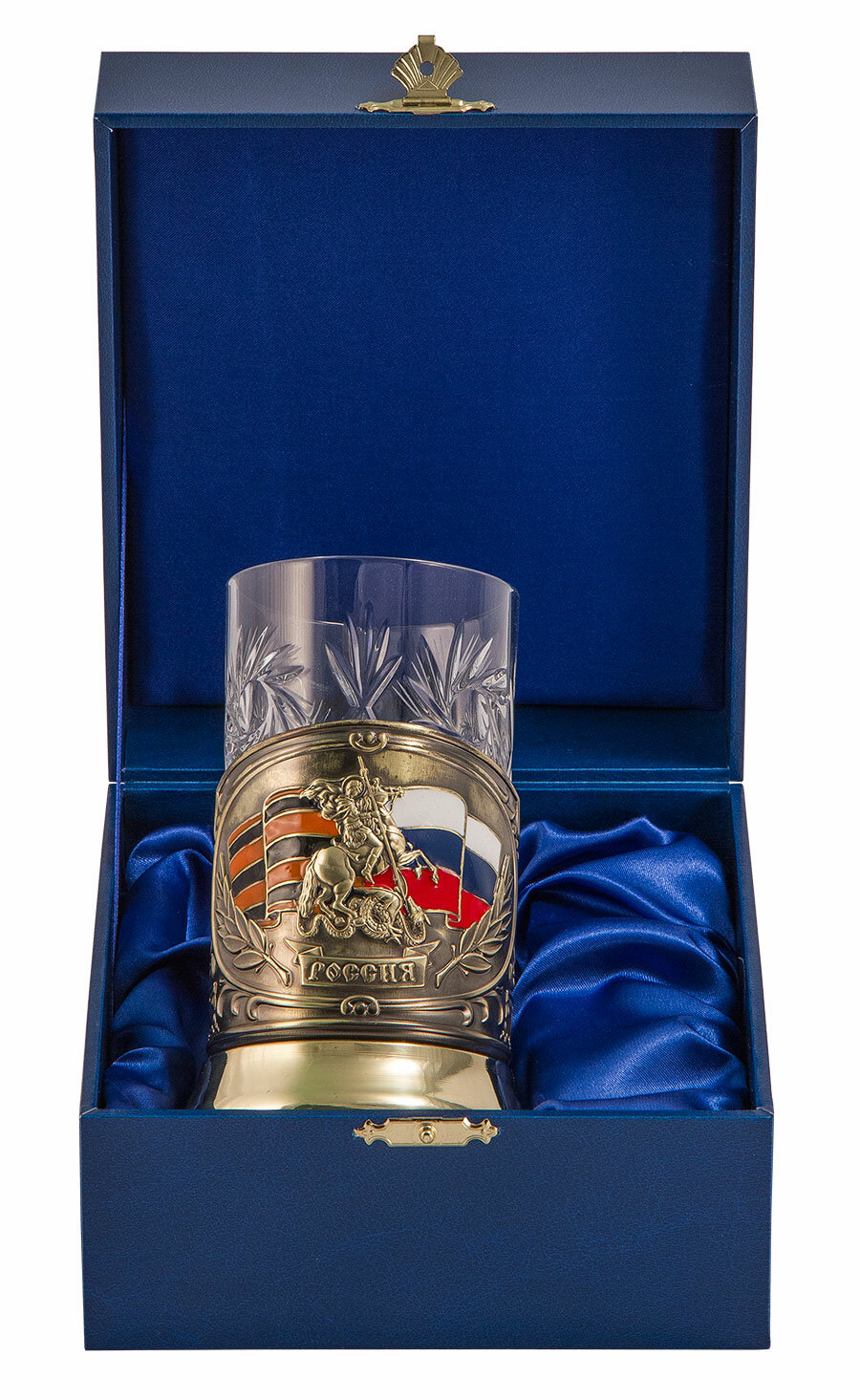 Подстаканник "Россия" - дерев. футляр, хруст. стакан, латунь, штамп, цветные эмали ПД-5эШл-Георг.
