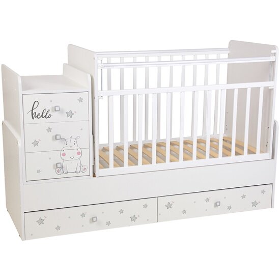 Кроватка-трансформер Фея 1100 Бегемотик, белый