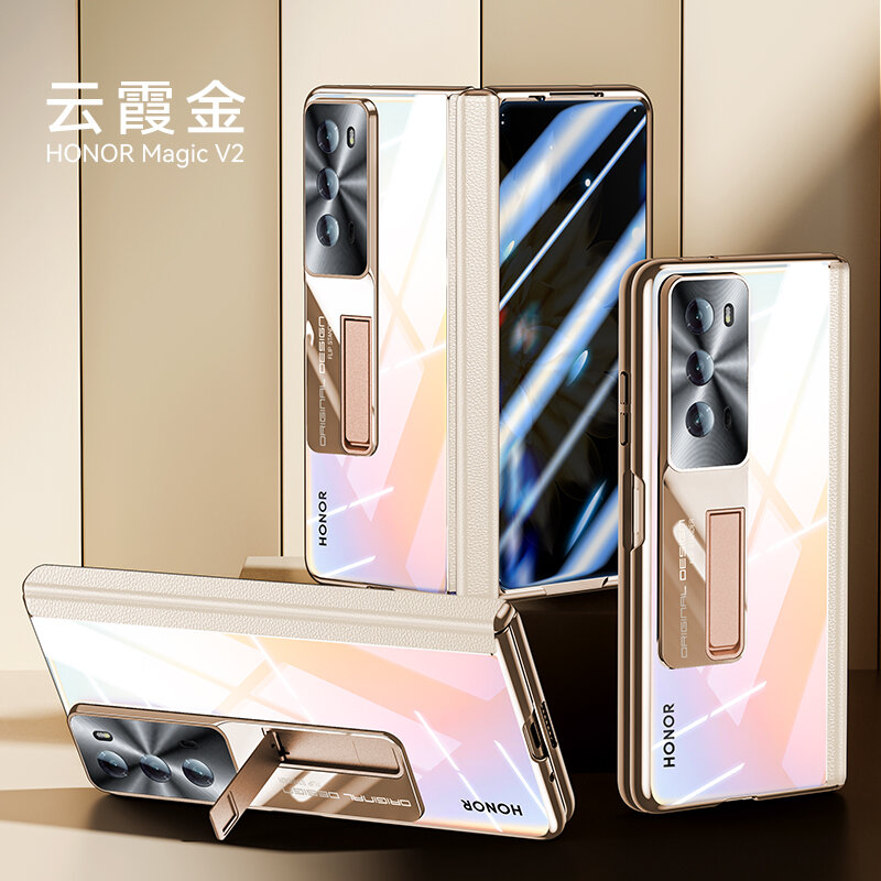 Чехол для Honor Magic V2/Хонор Мэджик V2, soft touch, чехол-кардиомонитор, поликарбонат (PC), защита камеры, ударопрочный, усиленные углы, держатель поп-сокет, Honor, Honor Magic V2, golden,