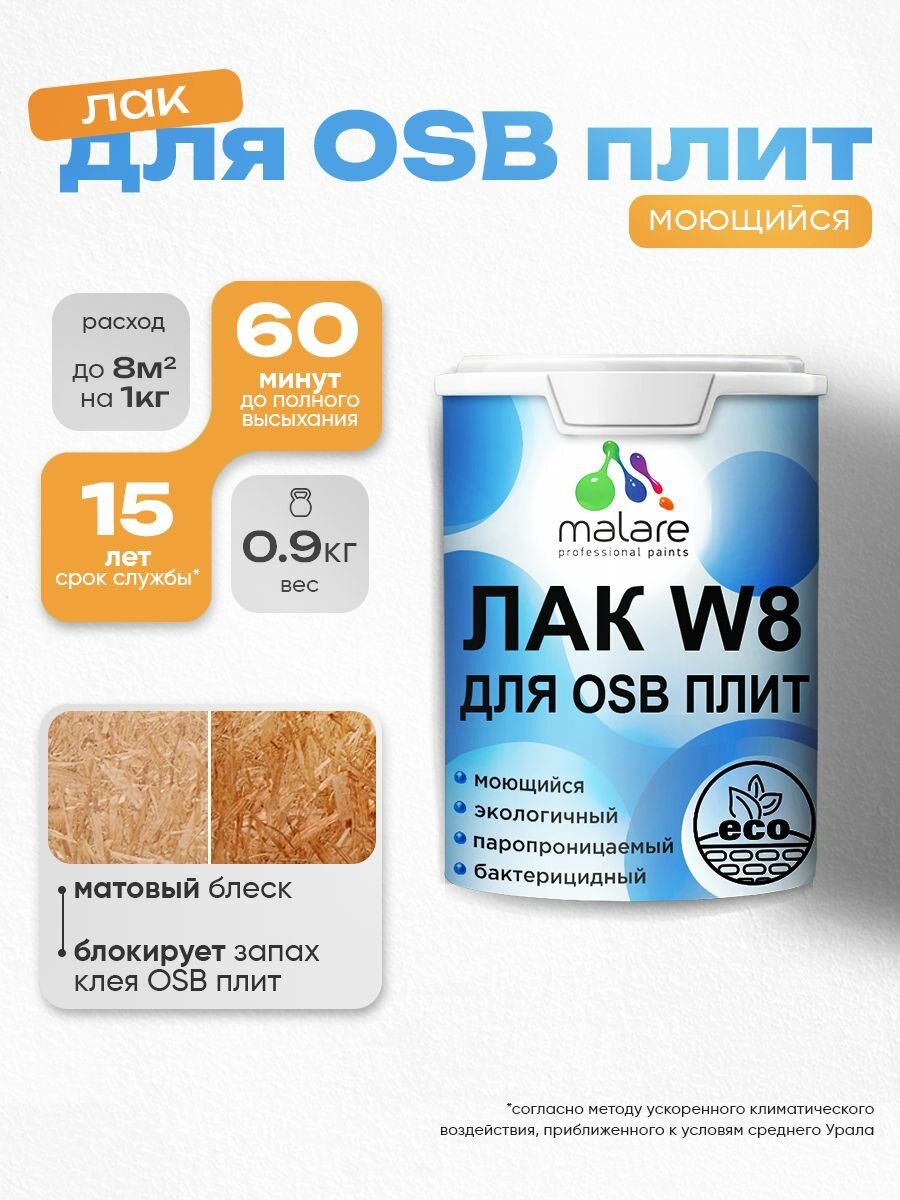 Лак для защиты ОСБ плит Malare универсальный для дерева и минеральных поверхностей, паропроницаемый, водный без запаха быстросохнущий, матовый 0.9 кг.