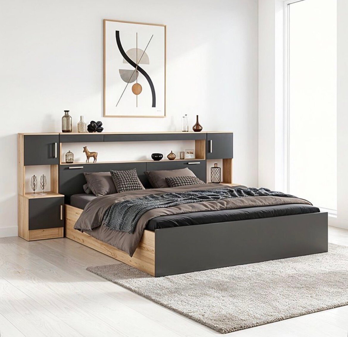 Кровать двухспальная с надстройкой и тумбами 160х200 см, Бассо, Бася, 233.5х222.9х101.6 см, ЛДСП, Дуб крафт / Графит
