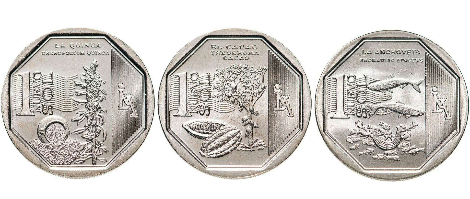 Перу набор из 3-х монет 1 новый соль nuevo sol 2013 "Природные ресурсы Перу - Какао, Киноа, Анчоус", МНЦ медь-никель-цинк, в сохранности UNC