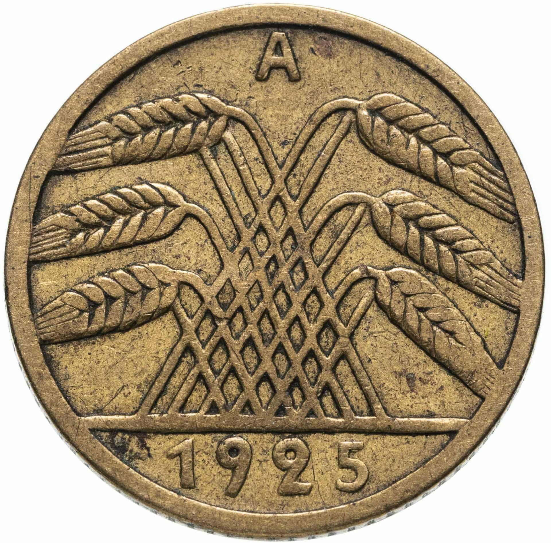 Германия 5 рейхспфеннигов reichspfennig 1925, знак монетного двора "A" — Берлин, Бронза, в сохранности XF