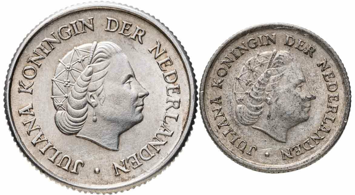Нидерландские Антильские острова набор из 1/10 и 1/4 гульдена 1954-1970, Серебро 640, в сохранности XF-AU