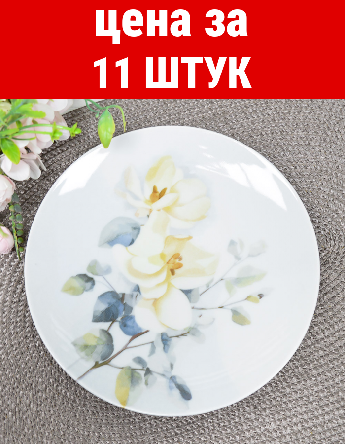 Комплект 11 шт, Тарелка 200мм мелкая форма Универсал Белый шиповник