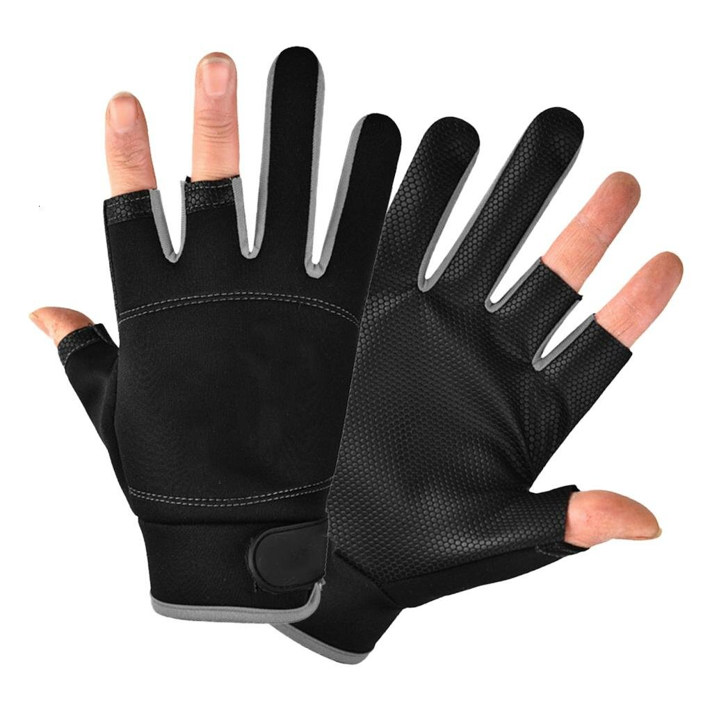 Перчатки рыболовные противоскользящие ветрозащитные дышащие трехпалые для взрослых, Черный серый