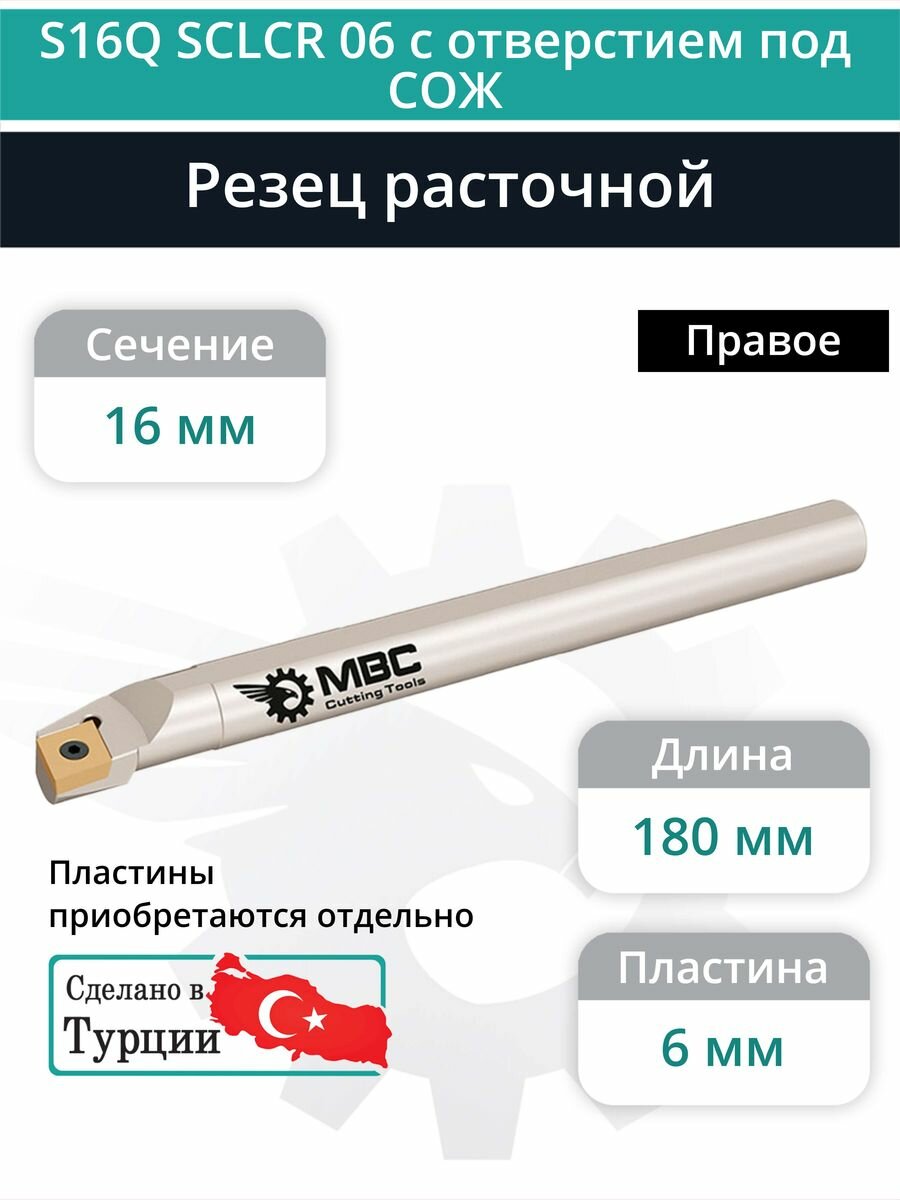 S16Q SCLCR 06 с отверстием под СОЖ внутренний токарный расточной резец правый, 16 мм / пластина CCMT 0602**