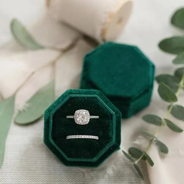 Бархатная коробка для колец 2 слота Rose Gold Text, dark green 2 slot