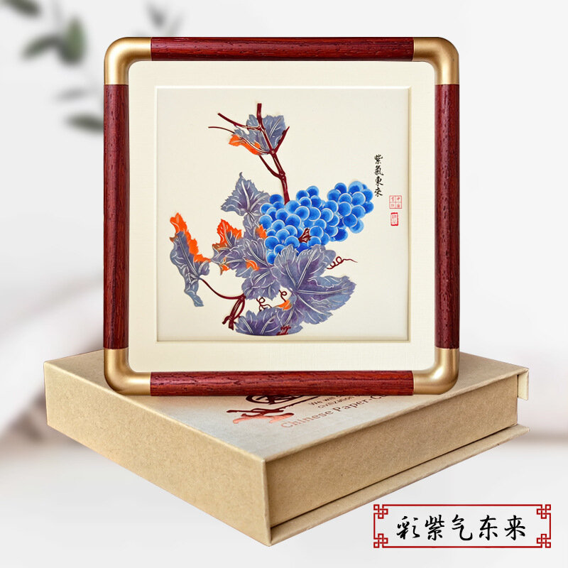 Китайский стиль, характерный для Вэйсянь, ручная работа, бумажная резьба, декоративная живопись, цветущая богатство, рамка из массива дерева с медным уголком, экспортный подарок